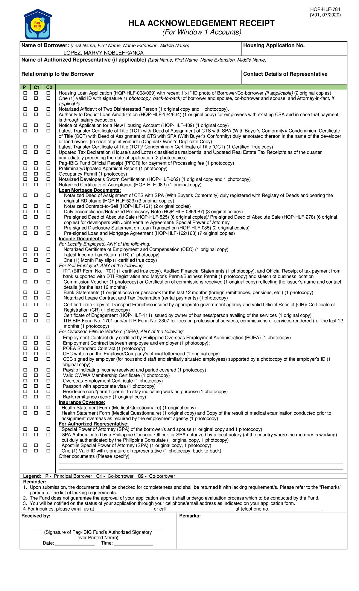 HLAAcknowledgement Window 1 Editable - HQP-HLF- 784 (V01, 07/2020) HLA ...