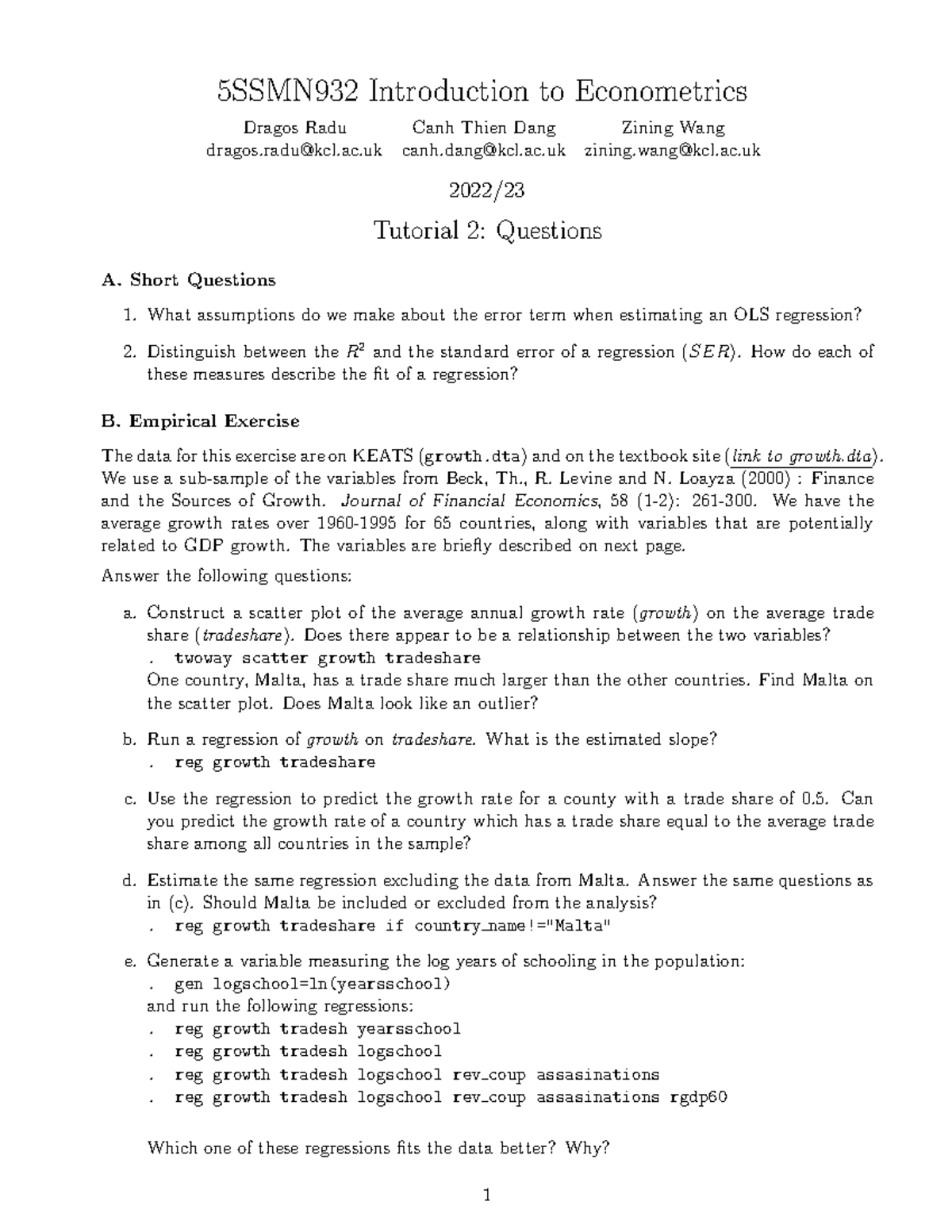 5ssmn932 tutorial 2 questions 2022 23 - 5SSMN932 Introduction to Econometrics Dragos Radu Canh ...