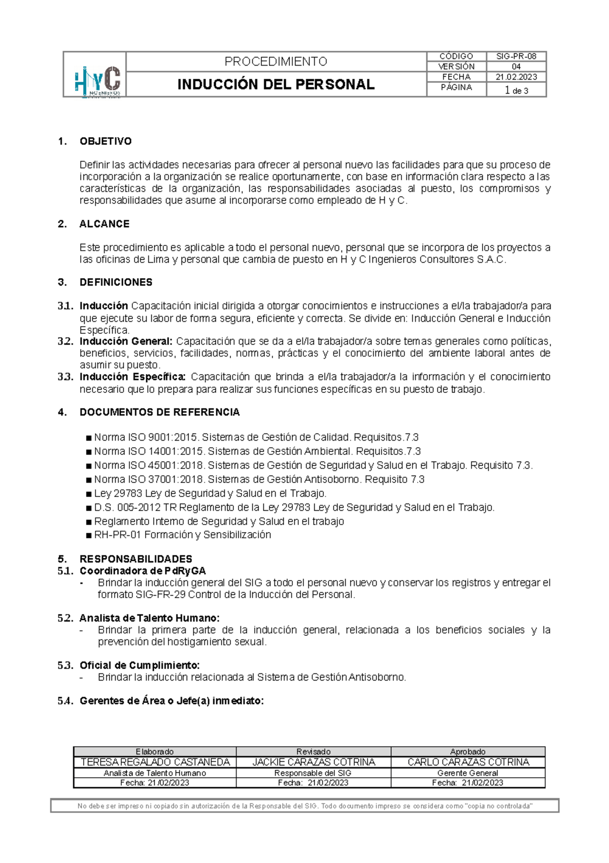 SIG-PR-08 Inducción del Personal V 4 - PROCEDIMIENTO VERSIÓN 04 ...