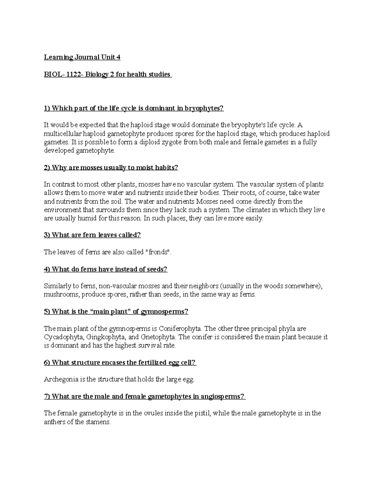 Learning Journal Unit 4- BIOL - 1122 - BIOL 1122 - UoPeople - Studocu