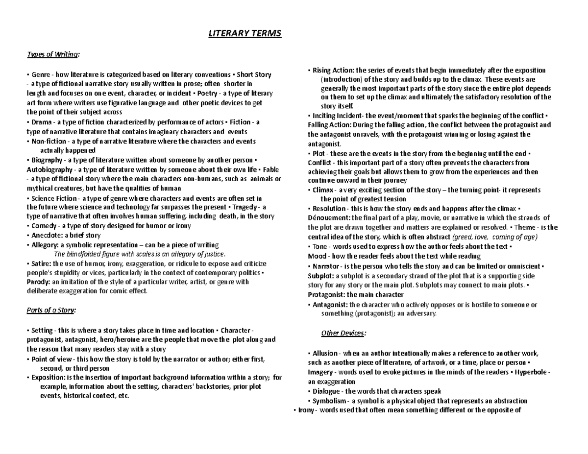 Literary Terms FULL Handout - LITERARY TERMS Types of Writing: Genre ...
