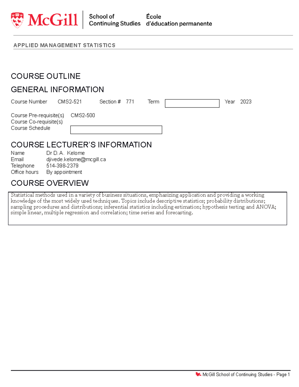 Outline CMS2-521 summer 2023 - APPLIED MANAGEMENT STATISTICS COURSE ...