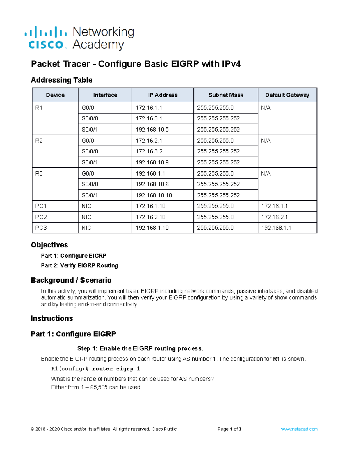 221 Packet Tracer Configure Basic Eigrp With Ipv4 Packet Tracer Configure Basic Eigrp