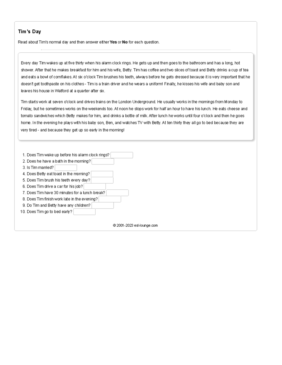 Elementary Reading Tim's Day esl-lounge Student - Tim's Day Read about ...