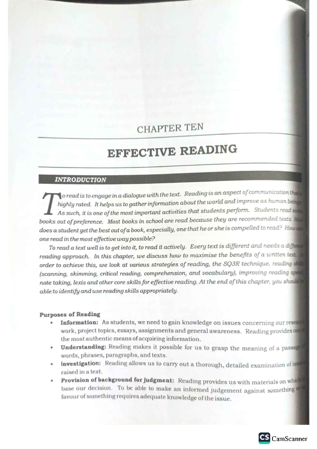 Reading Skills - CHAPTER TEN EFFECTIVE READING INTRODUCTION T o read is ...