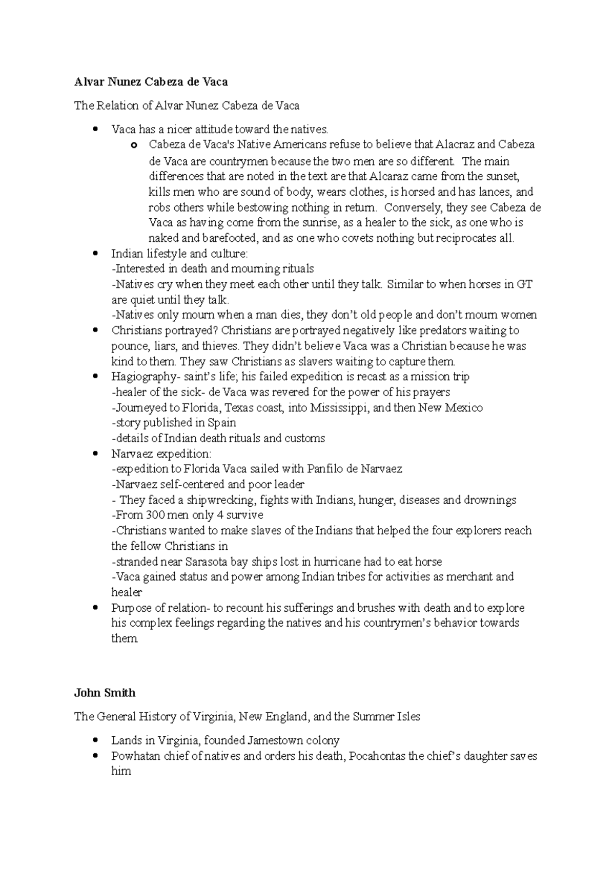 US Lit Exam 1 Study Guide - Alvar Nunez Cabeza de Vaca The Relation of ...