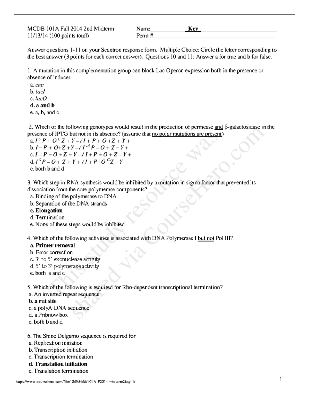 14 - study - 1 MCDB 101 A Fall 2014 2nd Midterm Name_________ ___Key ...