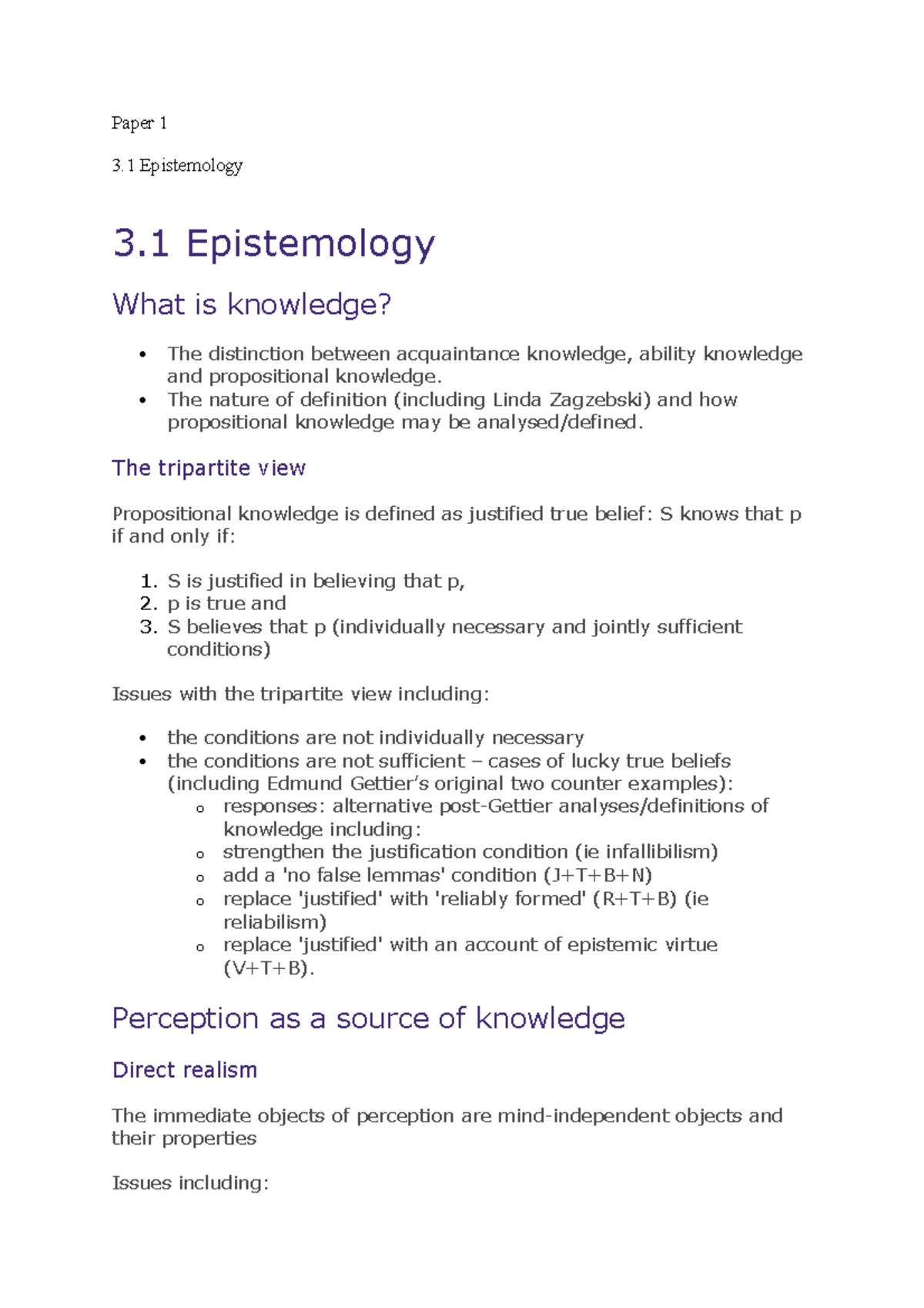 1.1 course content - details - Paper 1 3 Epistemology 3 Epistemology ...