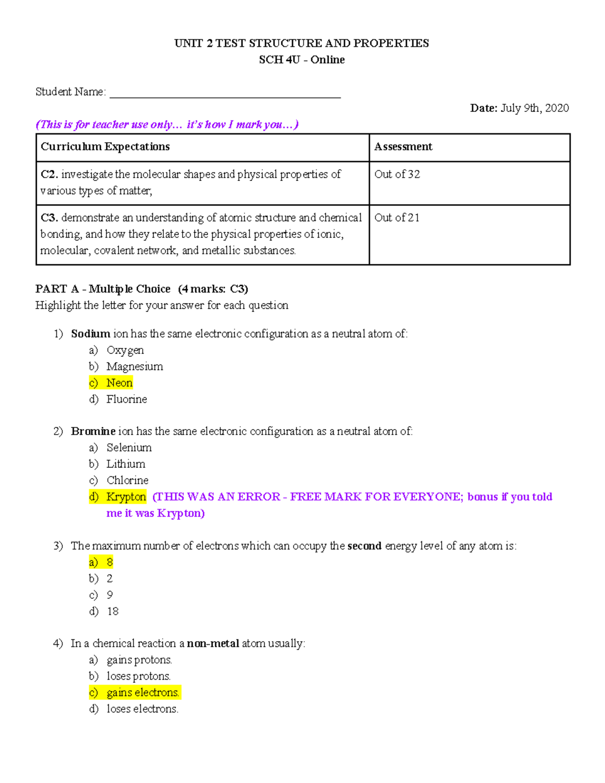 SCH 4U ( Answers) UNIT 2 TEST Structure AND Properties Bolzon - UNIT 2 ...