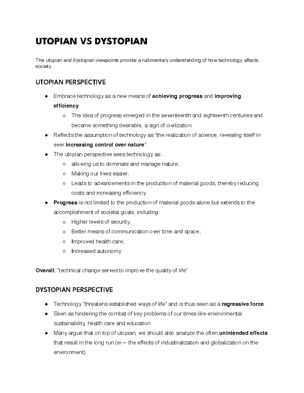 Soc and Tech Ch 3 Reading - UTOPIAN VS DYSTOPIAN The utopian and ...