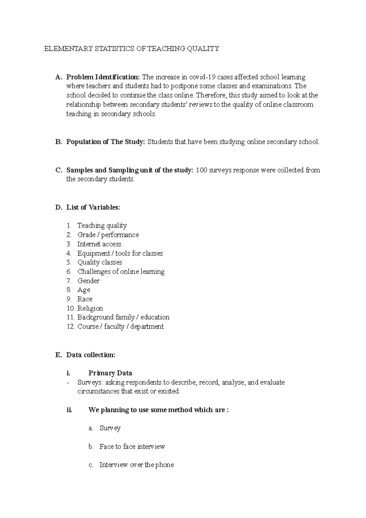 Group Assign 1 Statistic - ELEMENTARY STATISTICS OF TEACHING QUALITY A ...