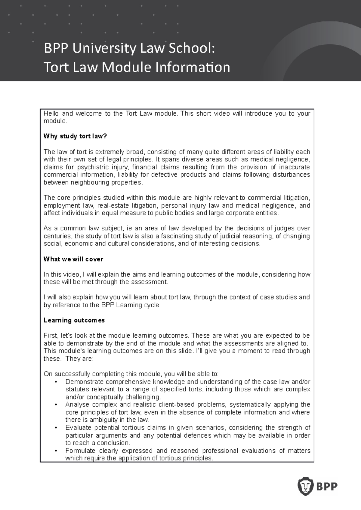 Introduction to tort law script - Tort Law Module Information Hello and ...