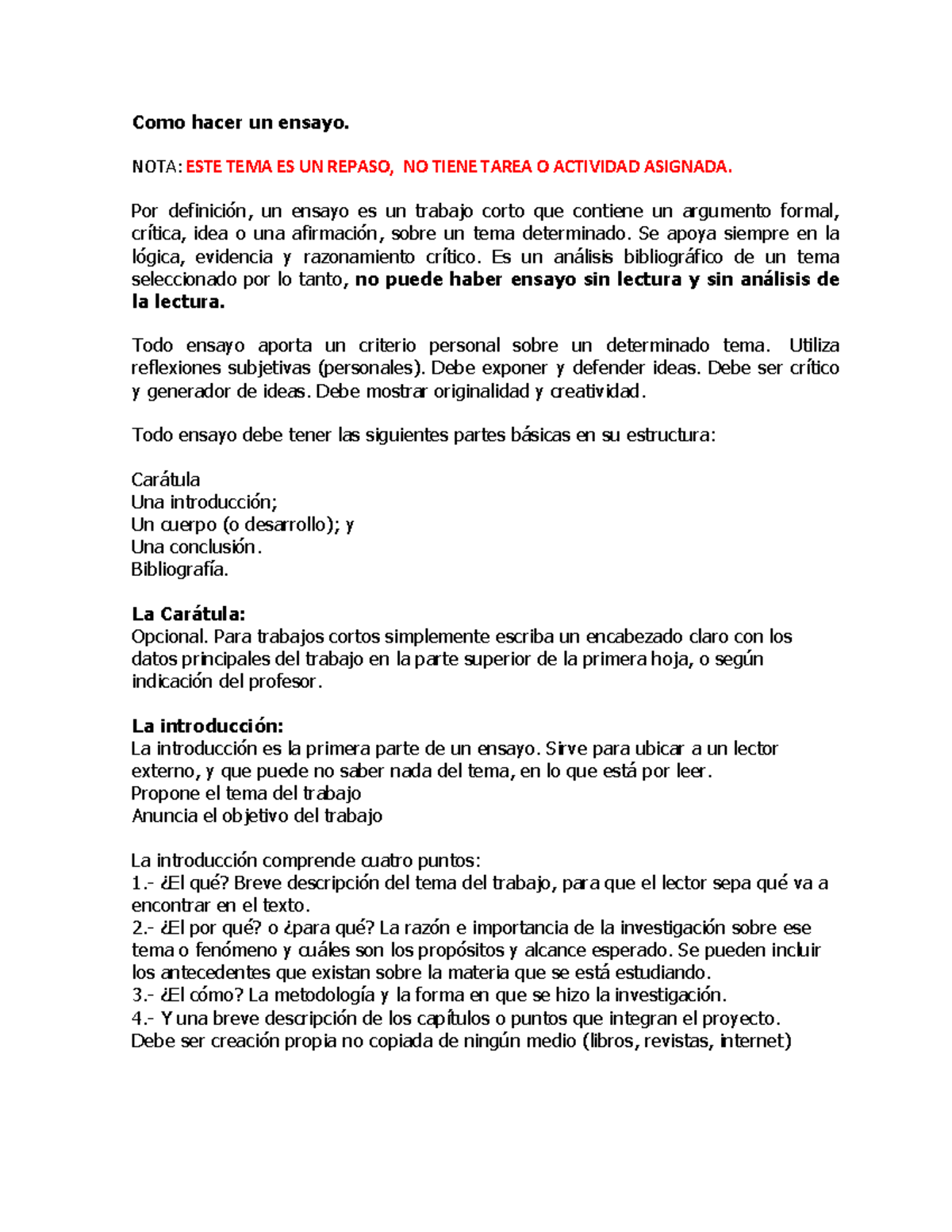 EL Ensayo - Como hacer un ensayo. NOTA: ESTE TEMA ES UN REPASO, NO ...