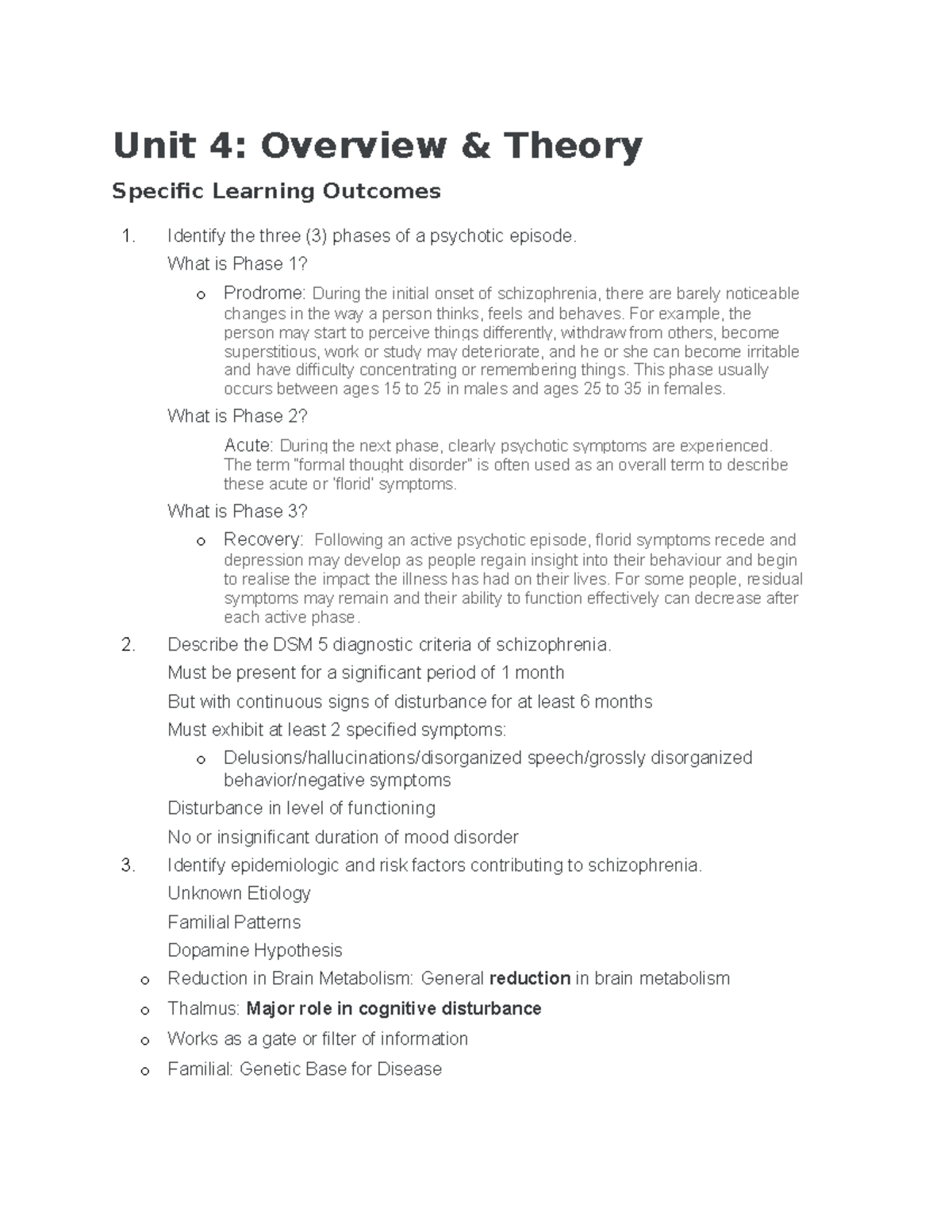 Unit 4 schizo 2006 - notes - Unit 4: Overview & Theory Specific ...