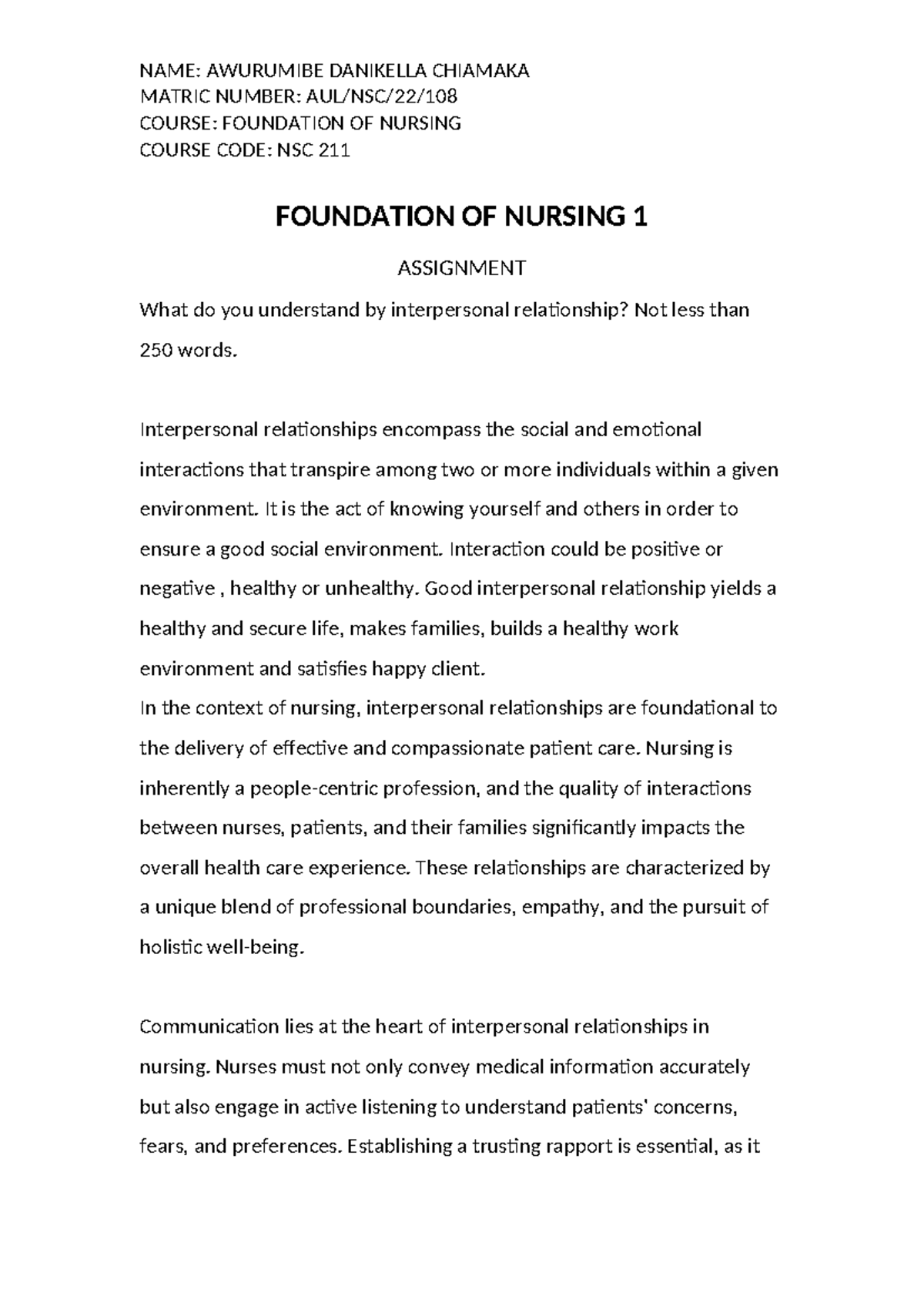 Foundation OF Nursing 1 IPR Assignment - MATRIC NUMBER: AUL/NSC/22 ...