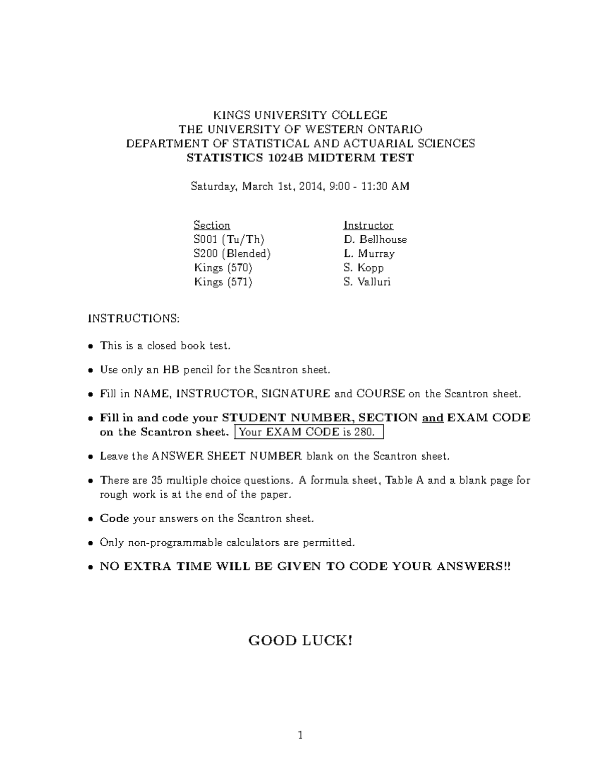 Practice Midterm 2 - KINGS UNIVERSITY COLLEGE THE UNIVERSITY OF WESTERN ONTARIO DEPARTMENT OF ...