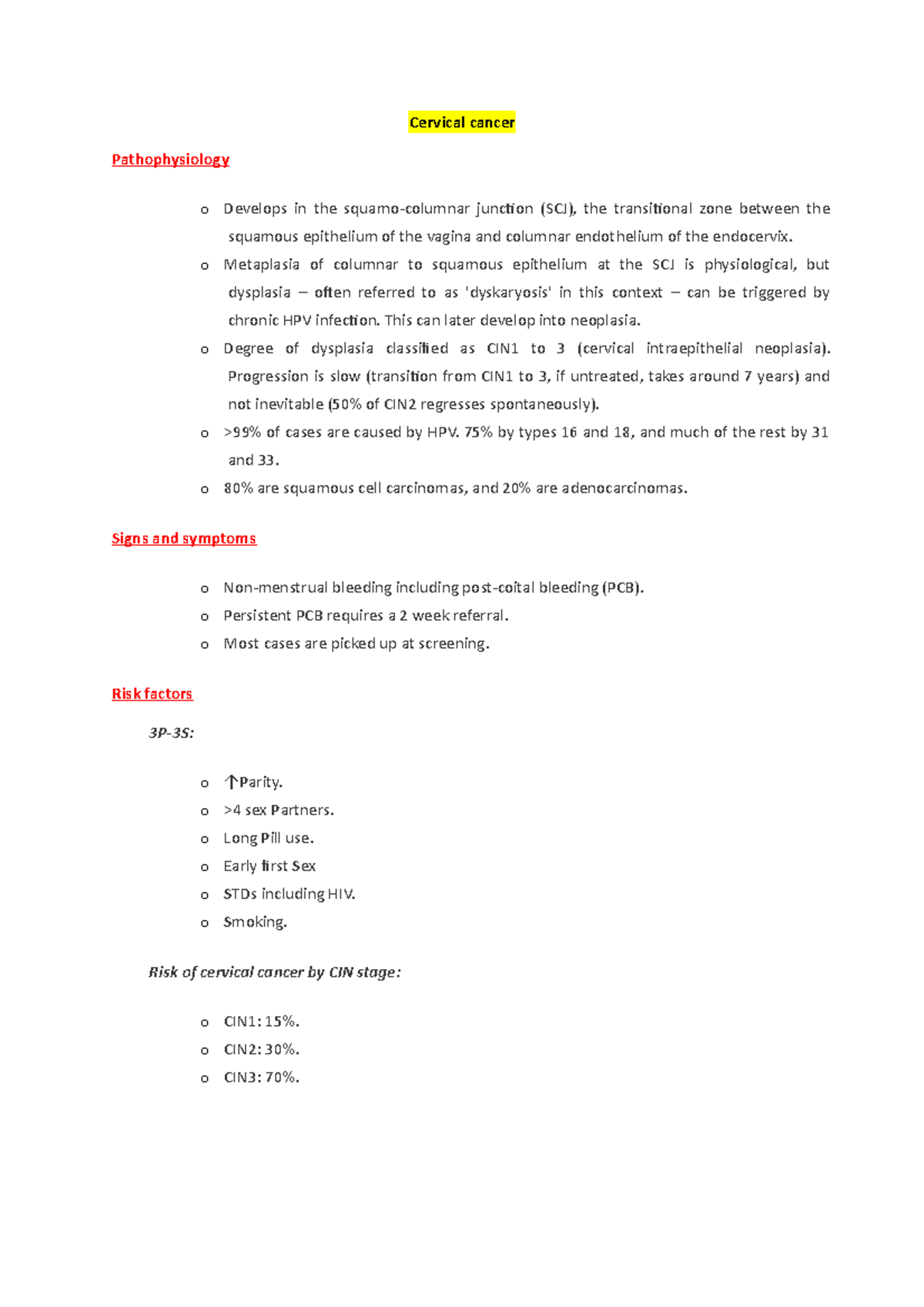 Cervical Cancer - Lecture notes 1 - Cervical cancer Pathophysiology o ...