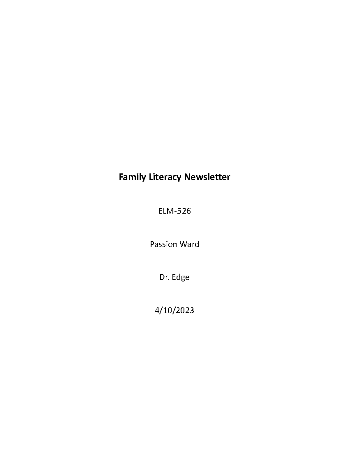 Family Literacy Newsletter - Family Literacy Newsletter ELM- Passion ...