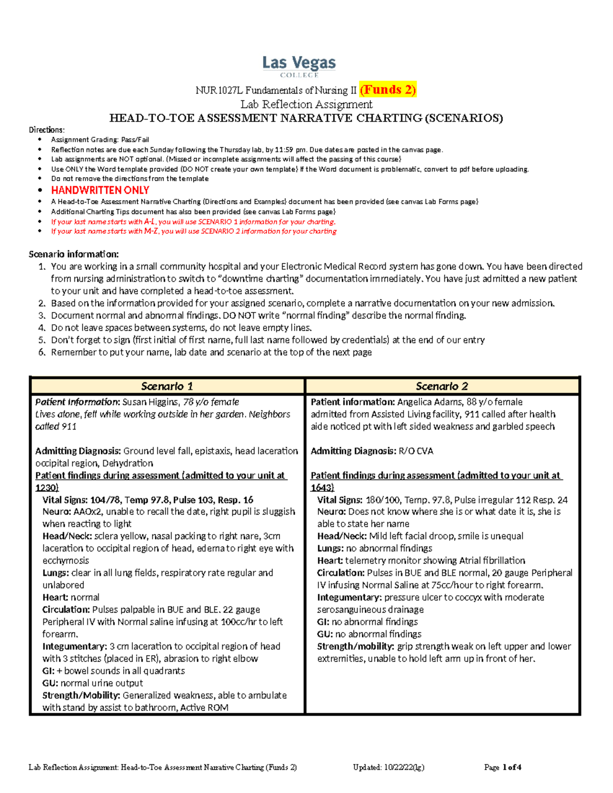 Lab Reflections Head to Toe Assessment Narrative Charting ( Scenarios ...