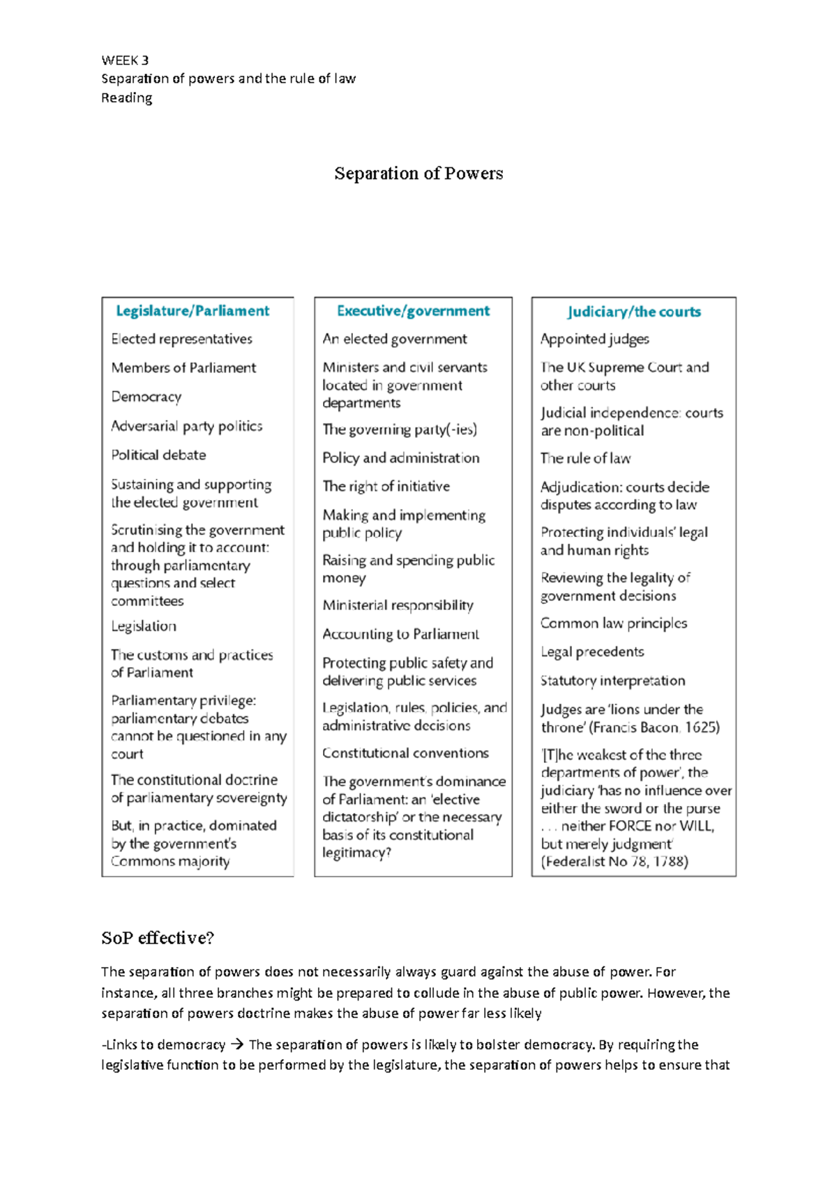 Week 3 Lecture reading - WEEK 3 Separation of powers and the rule of law Reading Separation of ...