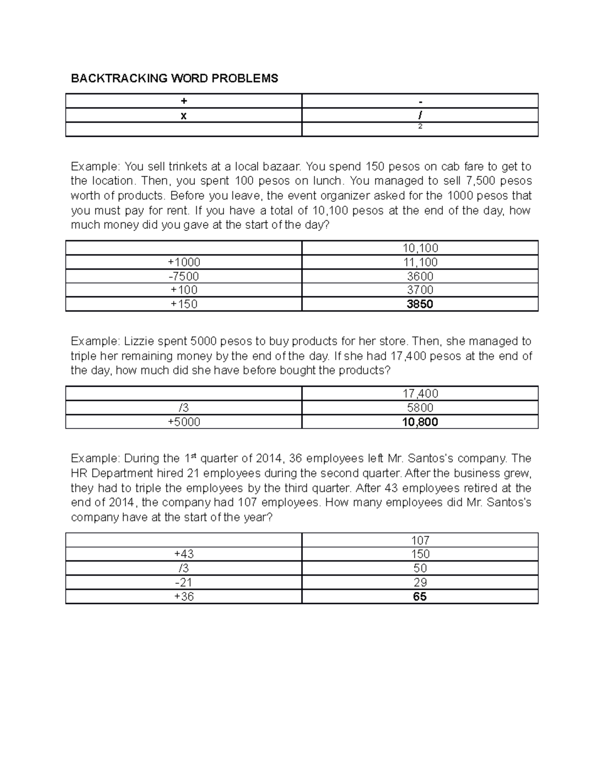 Backtracking WORD Problems - BACKTRACKING WORD PROBLEMS +- x/ 2 Example ...
