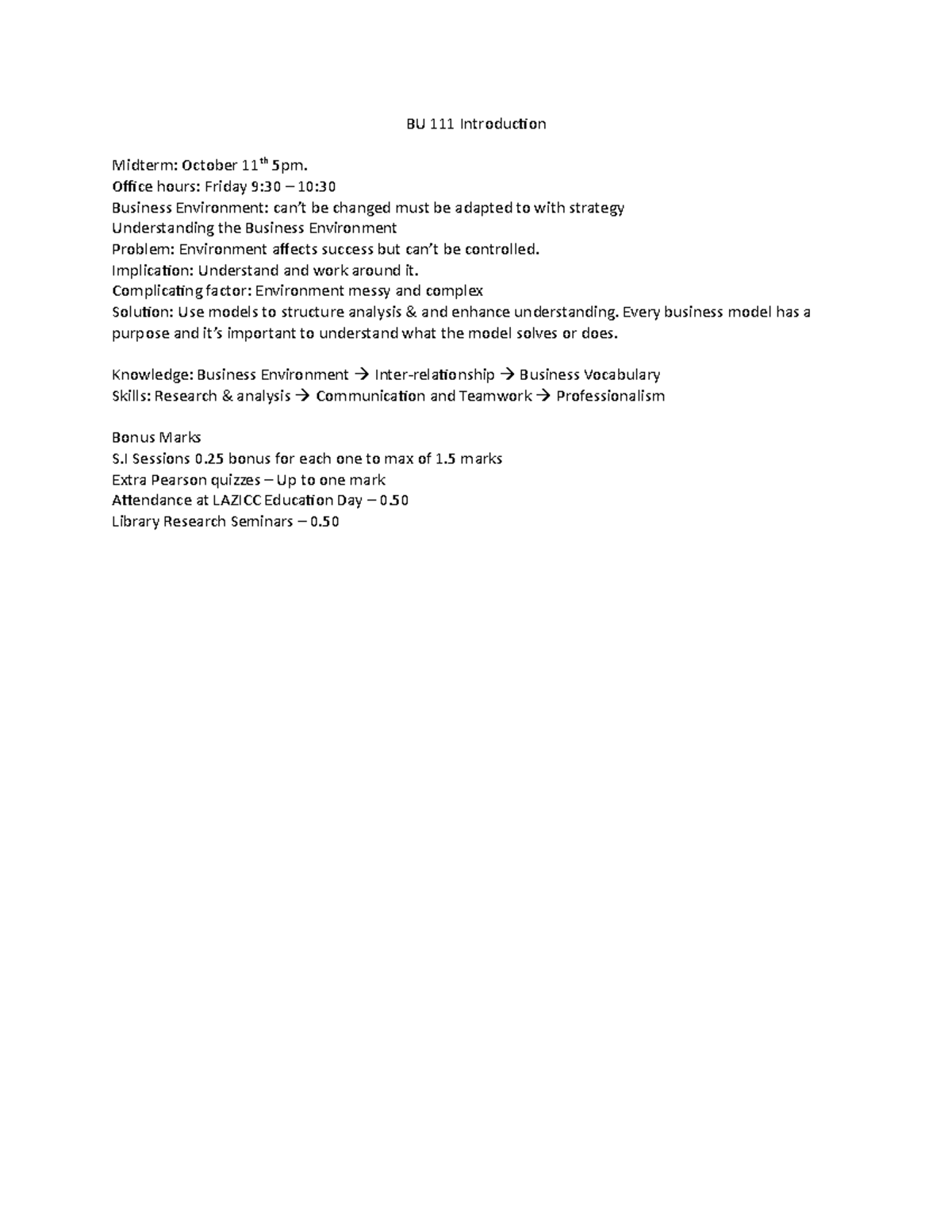 BU 111 Introduction - lecture 1 - BU 111 Introduction Midterm: October ...
