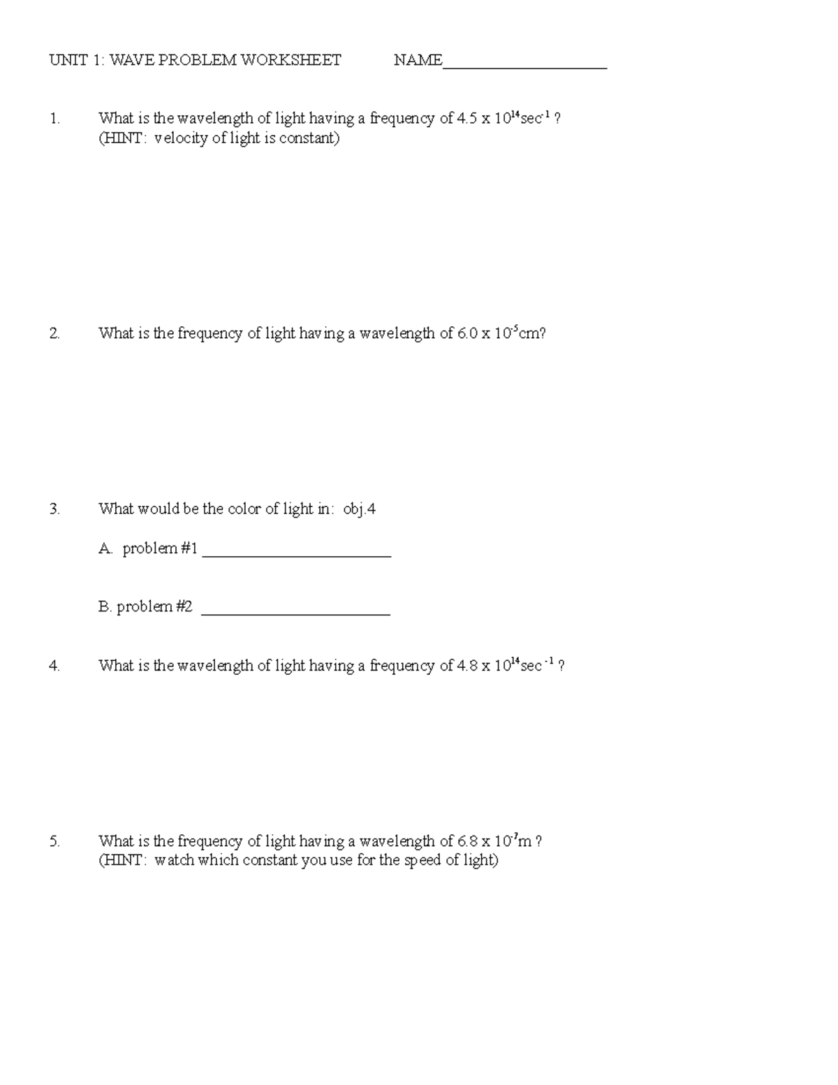 UNIT 5 WAVE Problem Worksheet - UNIT 1: WAVE PROBLEM WORKSHEET NAME ...