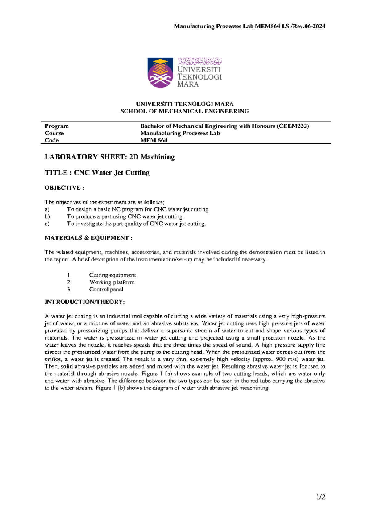 2D machining lab sheet - Water jet cutting - Manufacturing Processes ...
