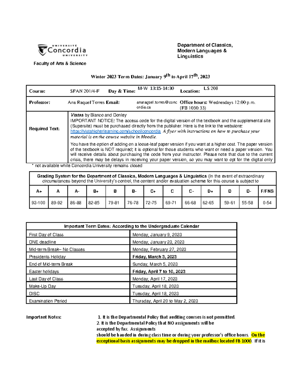 SPAN 201 Course Outline - Faculty of Arts & Science Department of ...