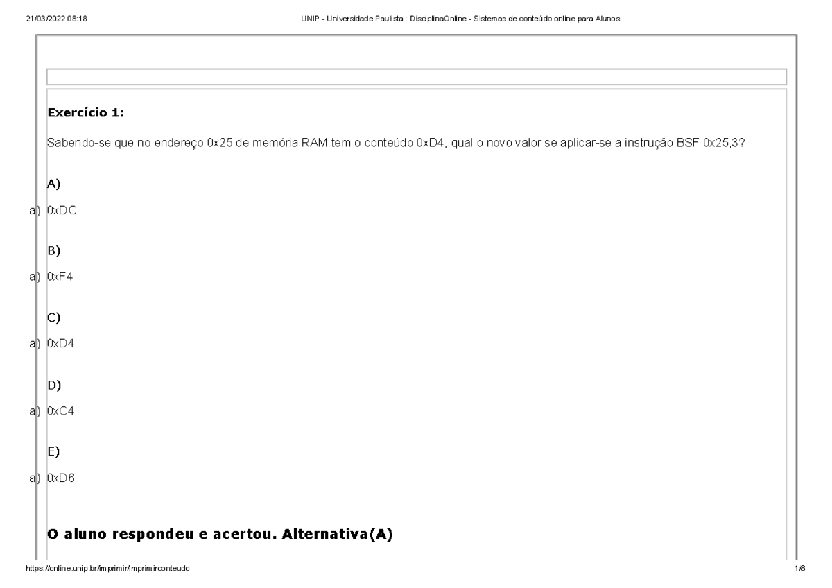 Sistemas Microcontrolados - Modulo 3 - Exercício 1: Sabendo-se que no ...