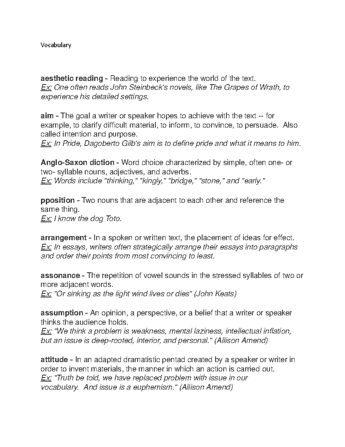 Vocabulary - Lecture notes 1-5 - Vocabulary aesthetic reading - Studocu