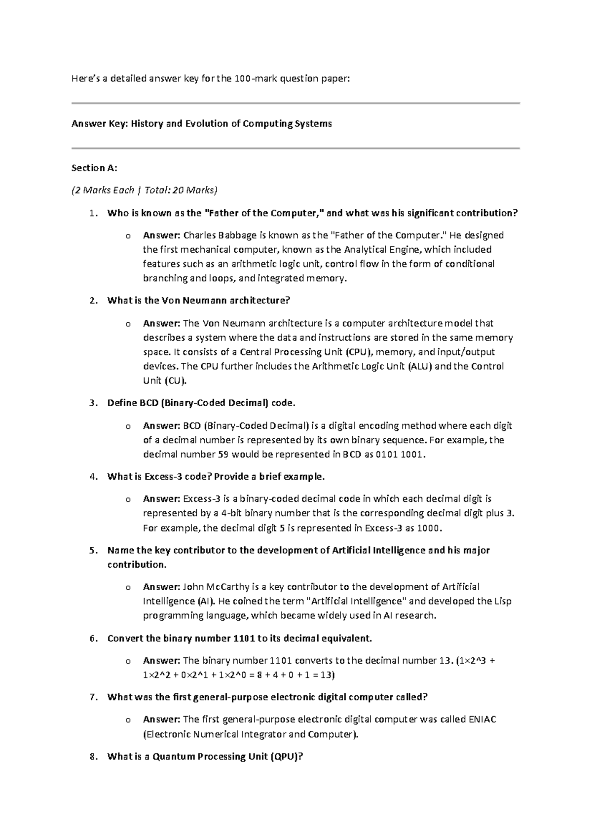 Question and answer - Here’s a detailed answer key for the 100-mark ...