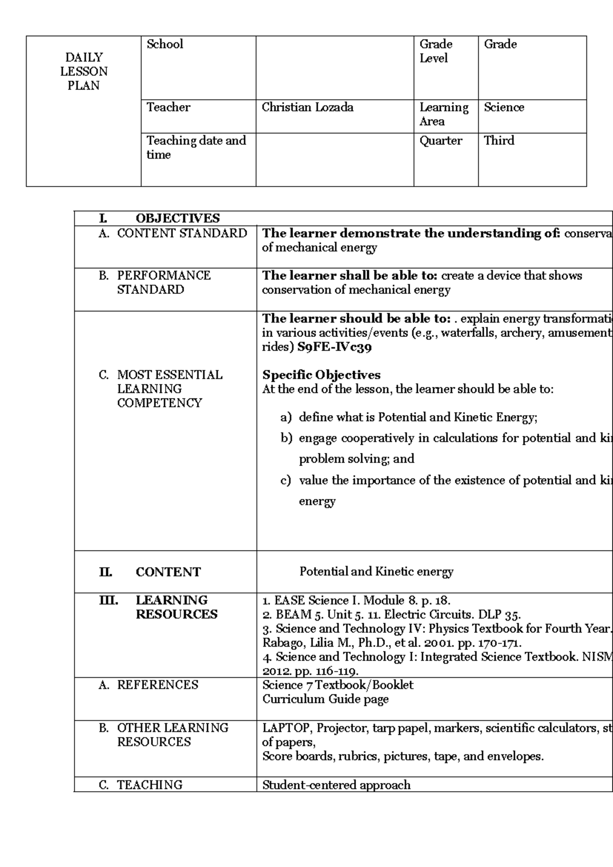 Lessson plan Kinetic and Potential Energy - I. OBJECTIVES A. CONTENT ...