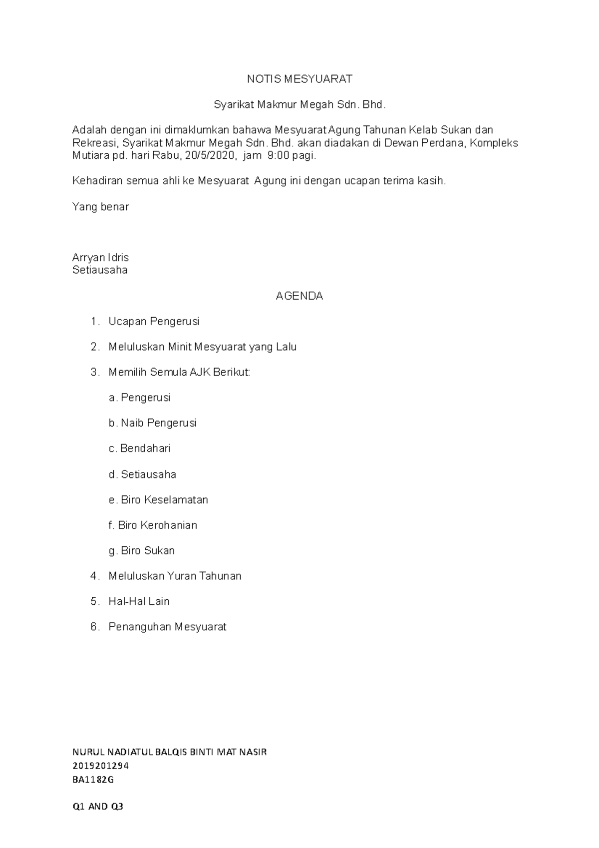 Assignment Notice of Meeting OBM121 UiTM - NOTIS MESYUARAT Syarikat Makmur Megah Sdn. Bhd ...