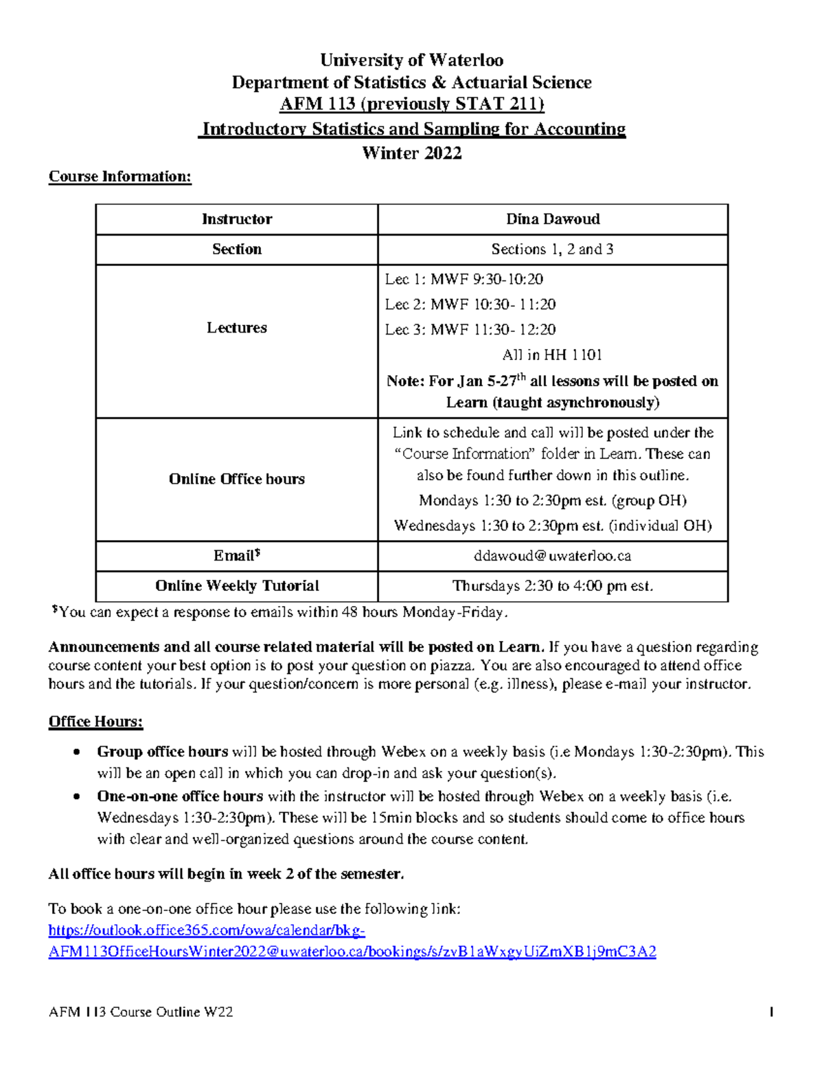 AFM 113 Course outline W22 v3 - University of Waterloo Department of ...