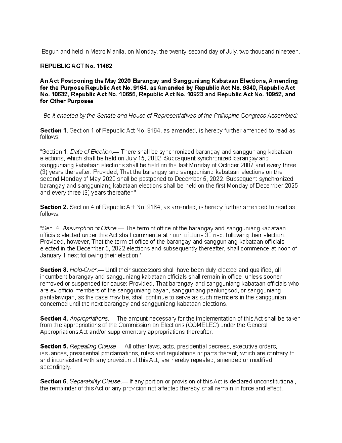 Republic ACT No 11461 - sample notes - Begun and held in Metro Manila ...