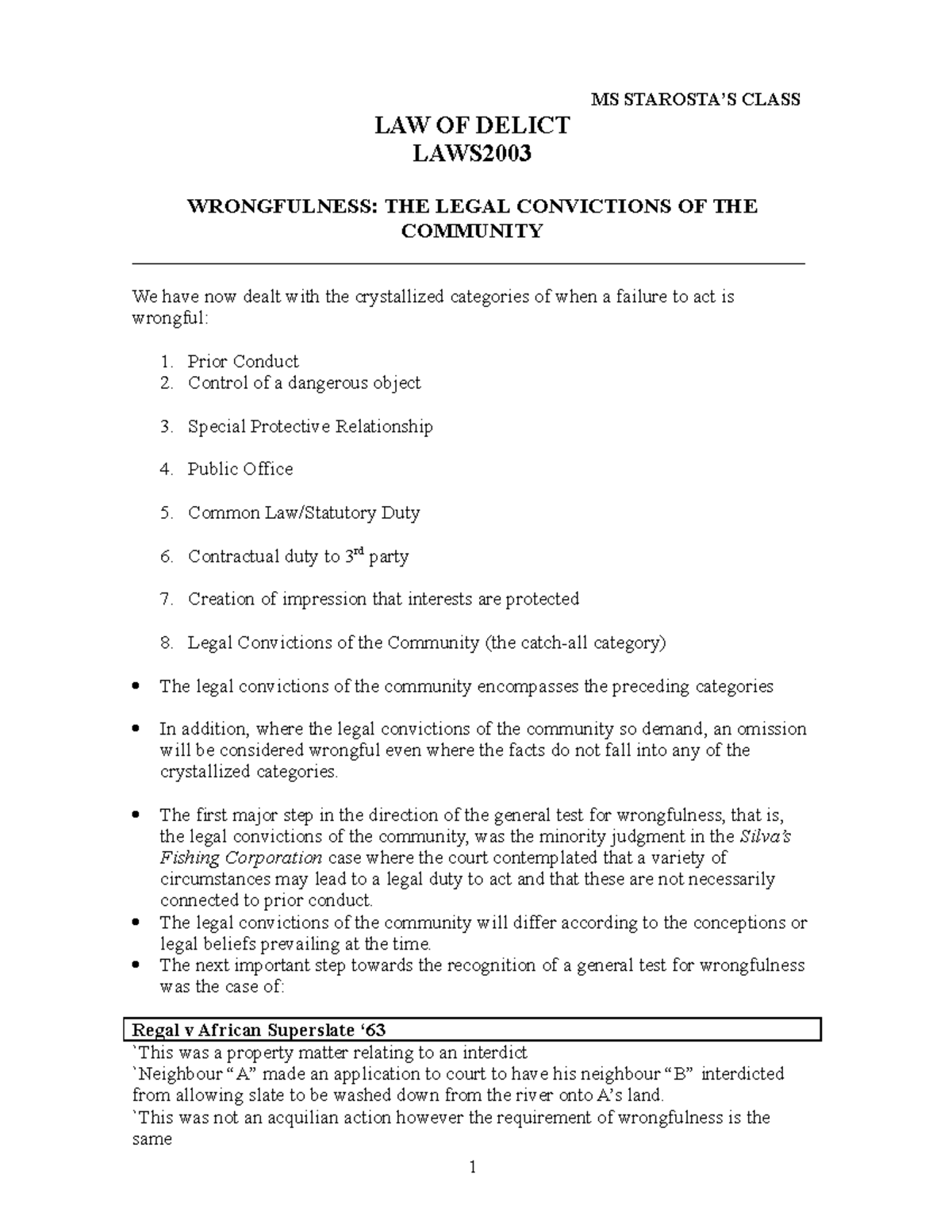 Delict Wrongfulness Legal Convictions of the Community - MS STAROSTA’S ...