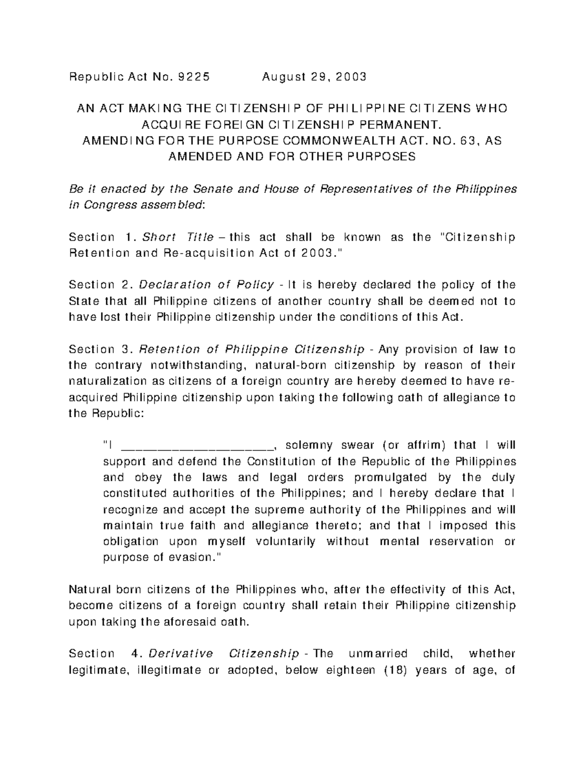 3 RA 9225 - law - Re p u b l i c A ct N o. 9 2 2 5 A u g u st 2 9 , 2 0 ...