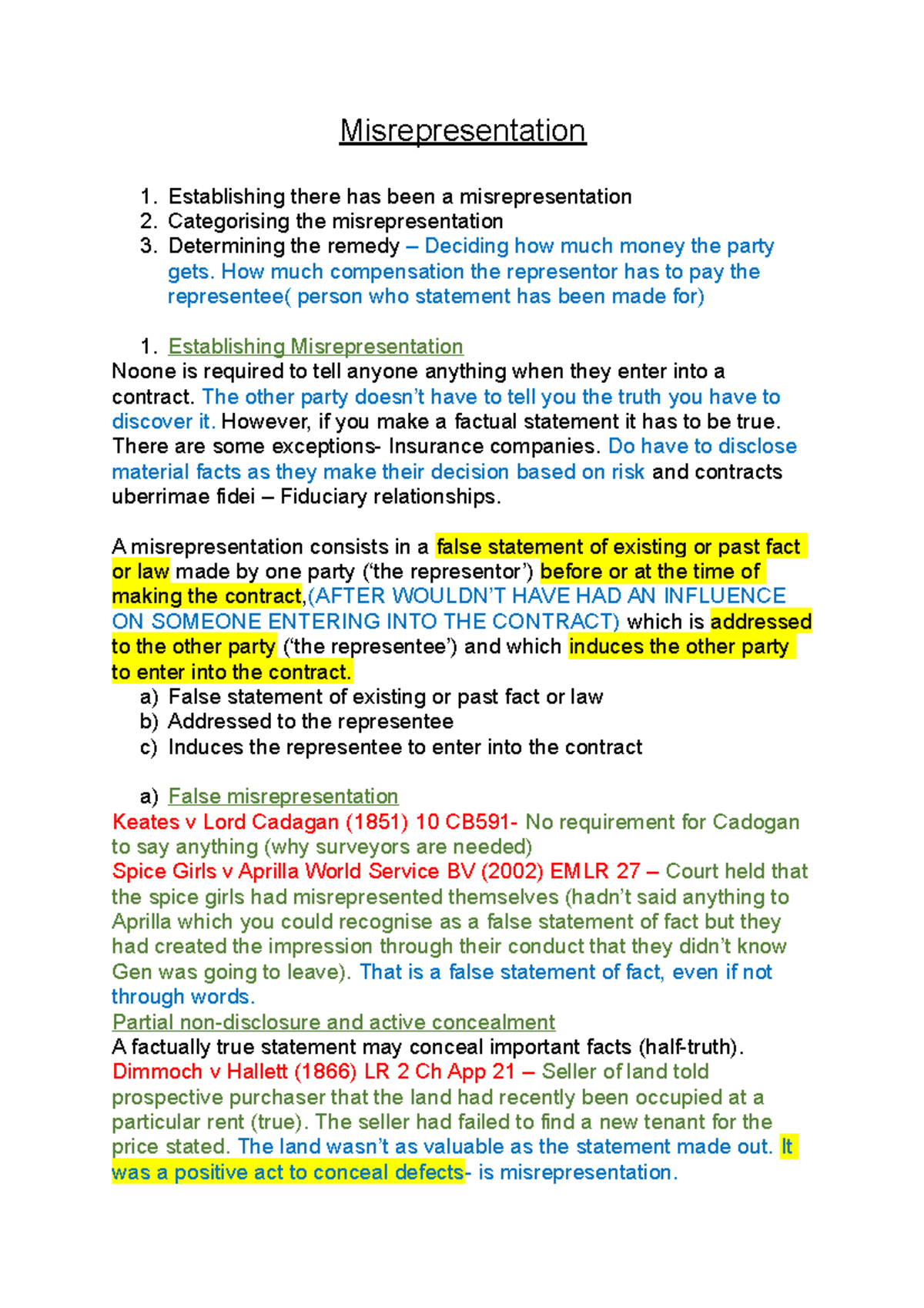 Misrepresentation Revision - Misrepresentation Establishing there has been a misrepresentation ...