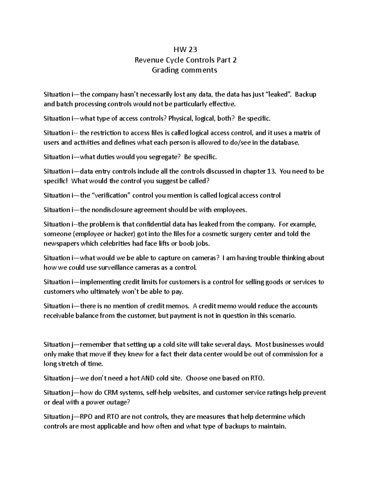 HW 23 - Grading Comments Revenue Cycle Controls Part 2 - HW 23 Revenue ...