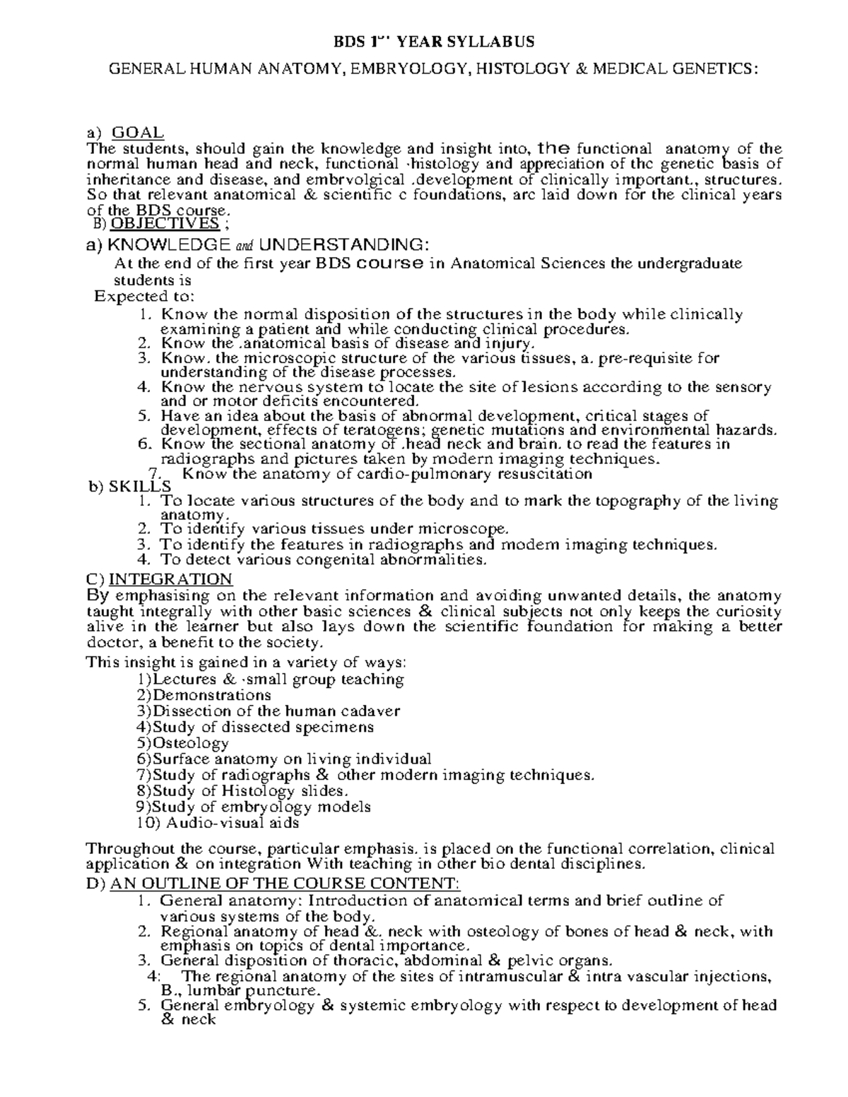 Bds first year syllabus - BDS 1 ST YEAR SYLLABUS GENERAL HUMAN ANATOMY ...