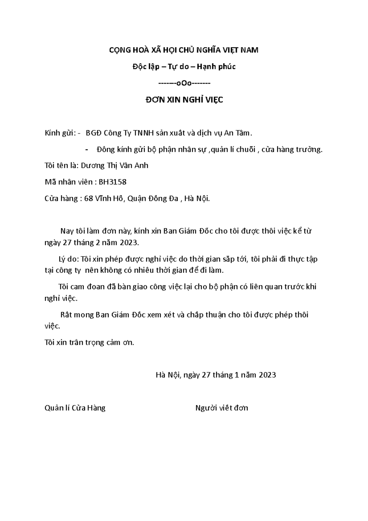 đơn xin nghỉ việc - Thay linh - C ỘNG HOÀ XÃ H ỘI CH Ủ NGHĨA VI T NAMỆ Đ c l p – Tộ ậ ự do – H ...