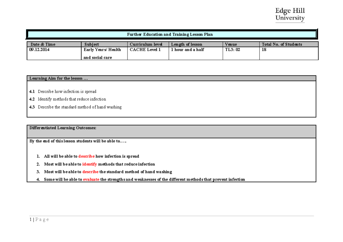 Lesson plan - spread of infection - observation 2 - Further Education ...