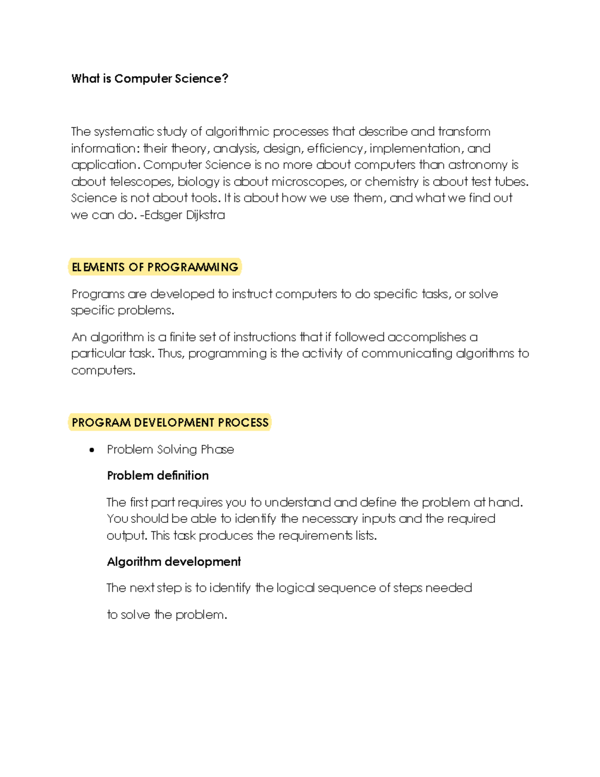 Computer Programming - Notes - What is Computer Science? The systematic ...