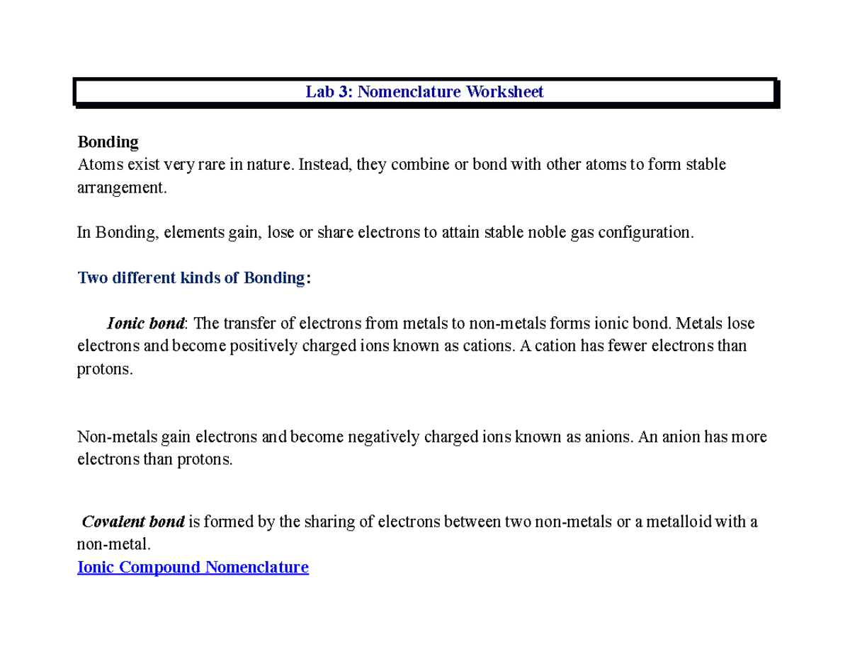 Chapter 3 Types of Bonding lecture notes - Lab 3: Nomenclature ...