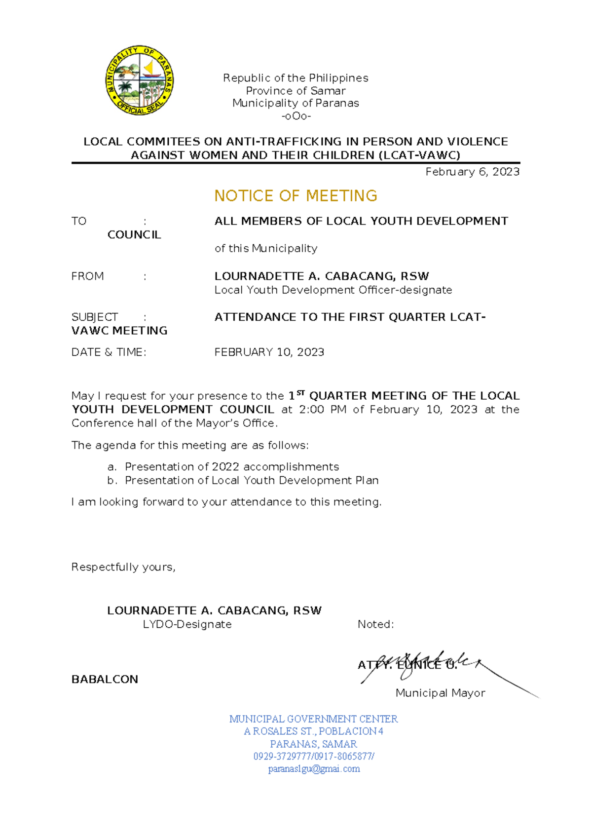 Notice OF Meeting-LYDC - Republic of the Philippines Province of Samar ...