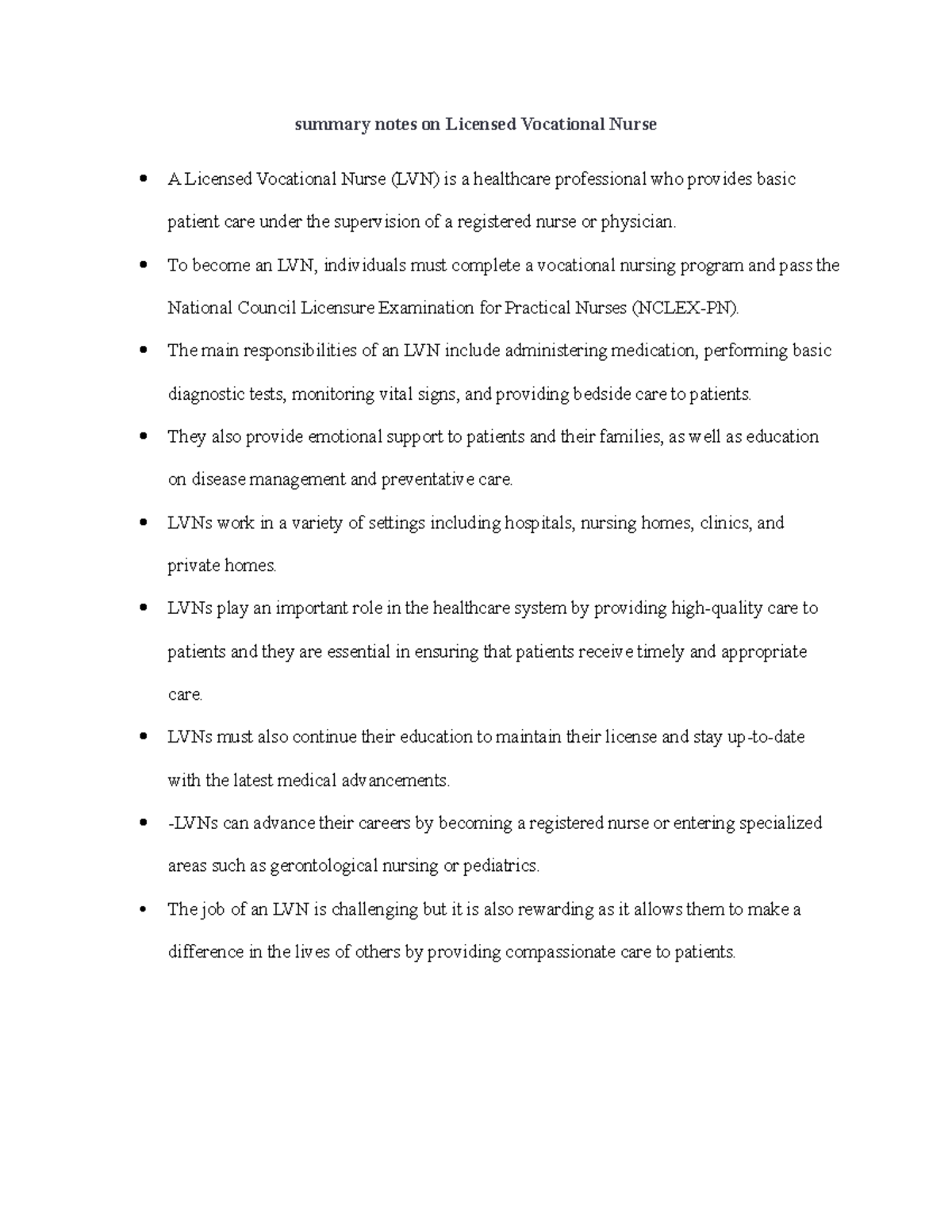 Summary notes on Licensed Vocational Nurse - To become an LVN ...