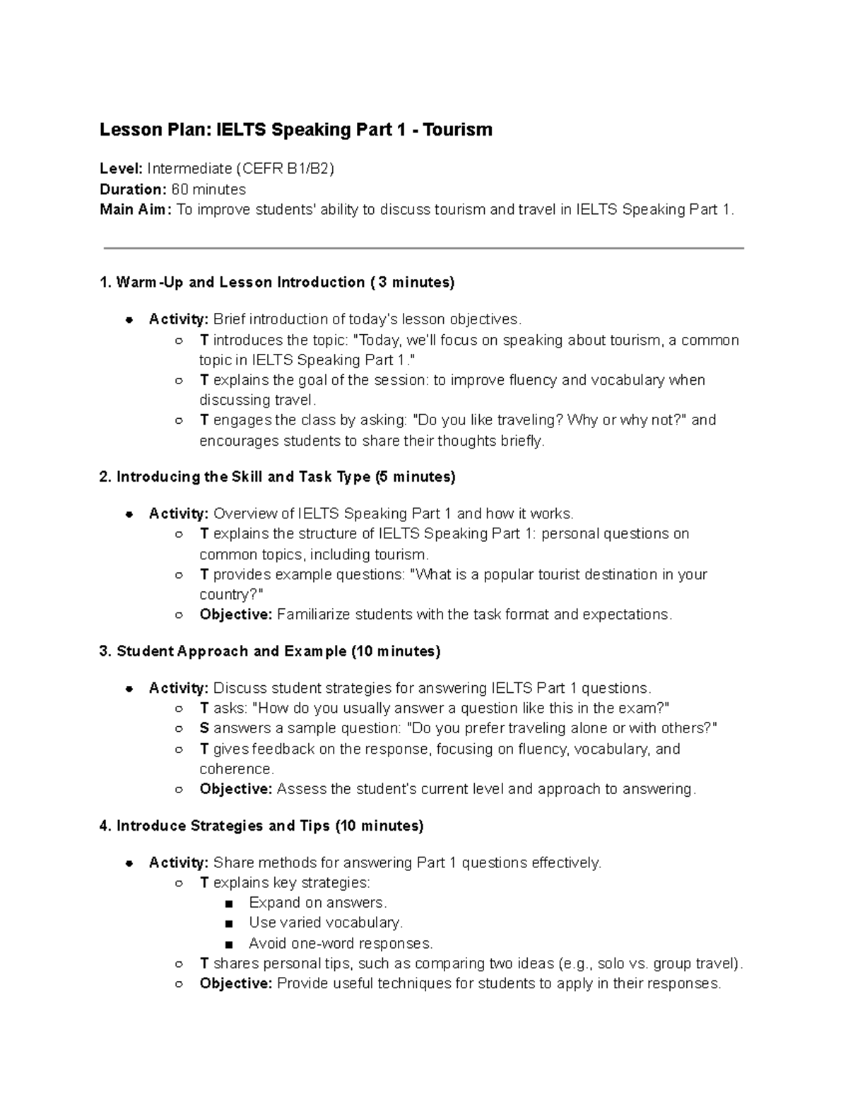 Lesson plan - Lesson Plan: IELTS Speaking Part 1 - Tourism Level ...