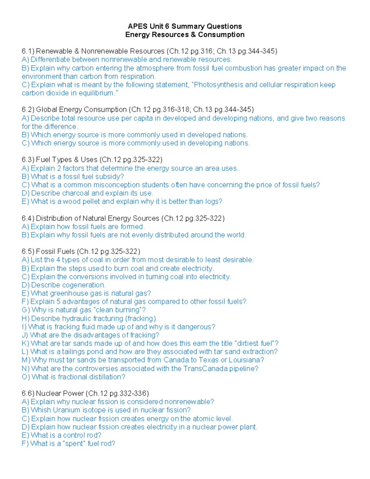 Unit+6+summary+Questions - APES Unit 6 Summary Questions Energy Resources & Consumption 6) - Studocu
