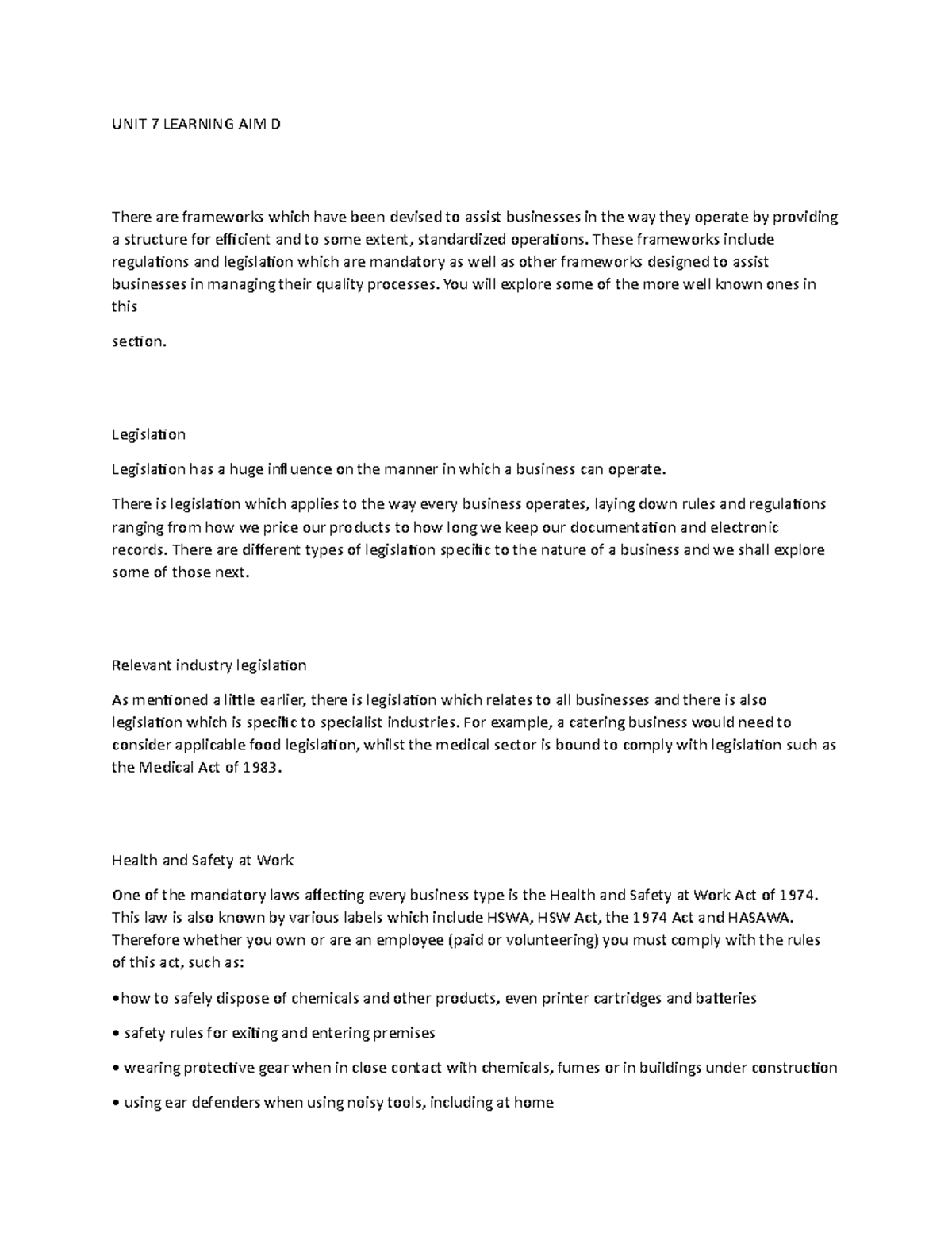 Pearson BTEC National Business Unit 7 Learning Aim D - UNIT 7 LEARNING ...